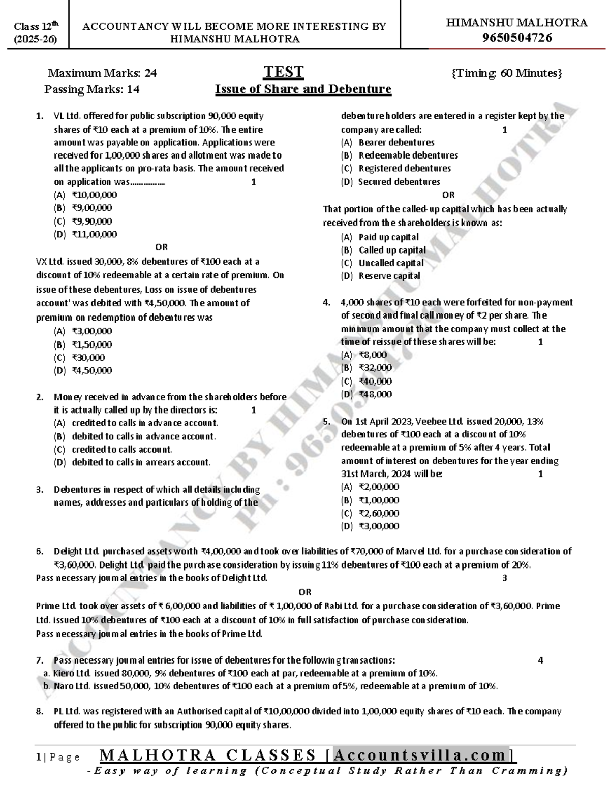 Class 12 ACCOUNTANCY Volume-2 Test: Shares & Debentures Concepts - Studocu