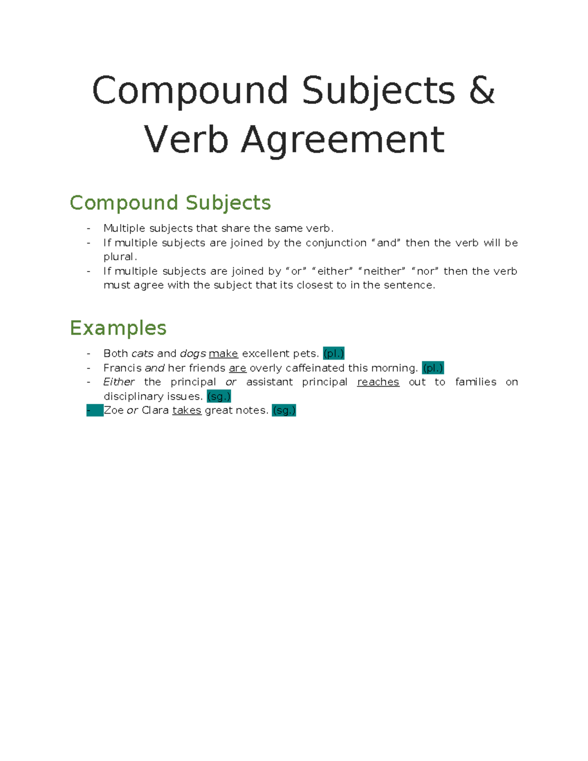 Compound Subjects & Verb Agreement - Compound Subjects & Verb Agreement ...