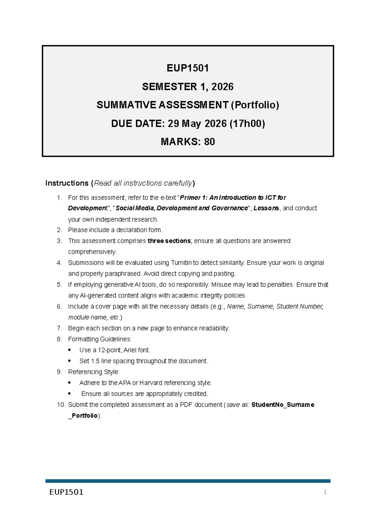 EUP1501 - Semester 1 2026 Summative Assessment Portfolio Guidelines ...