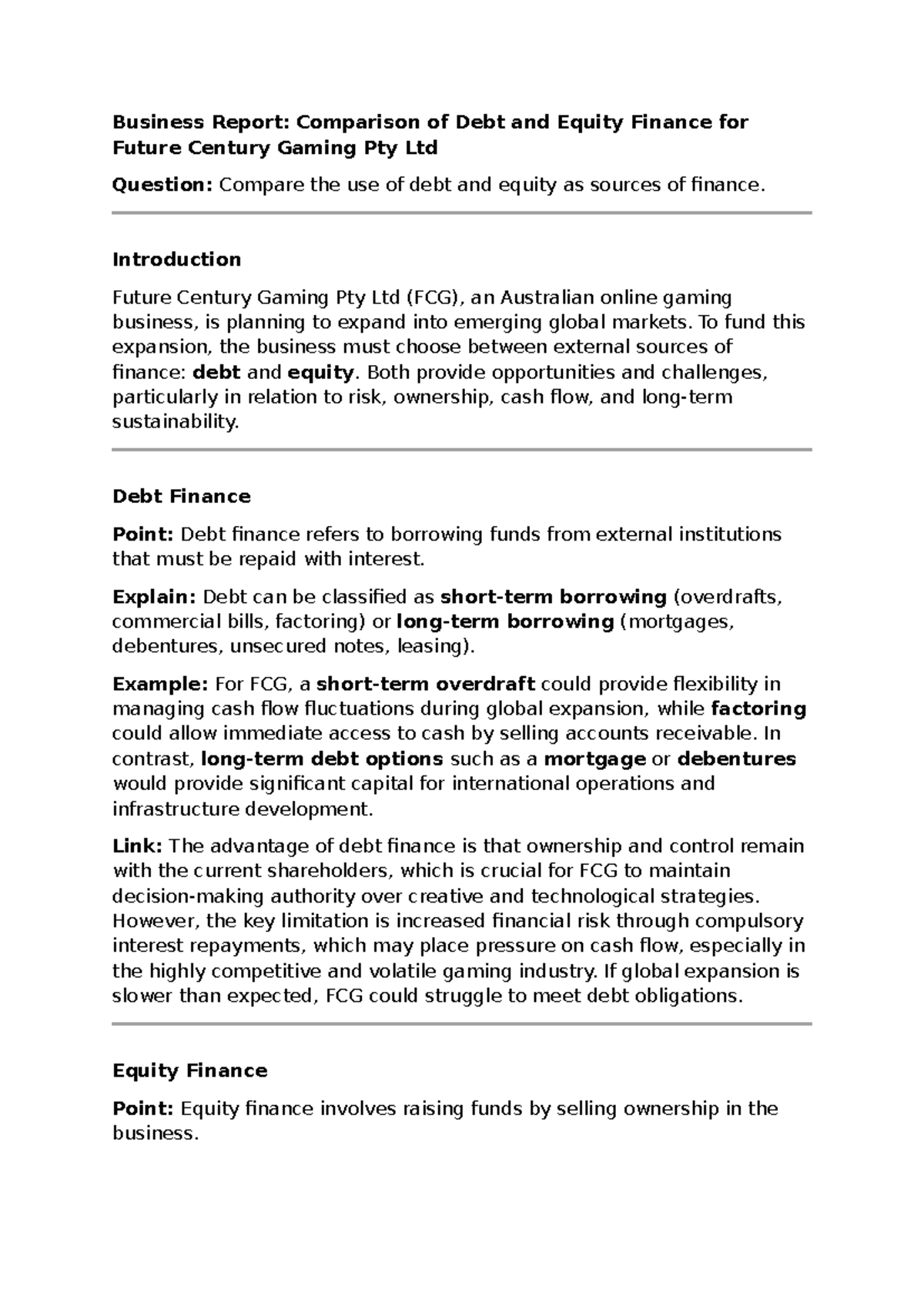 HSC Business Report: Debt vs. Equity Finance for FCG 2023 - Studocu