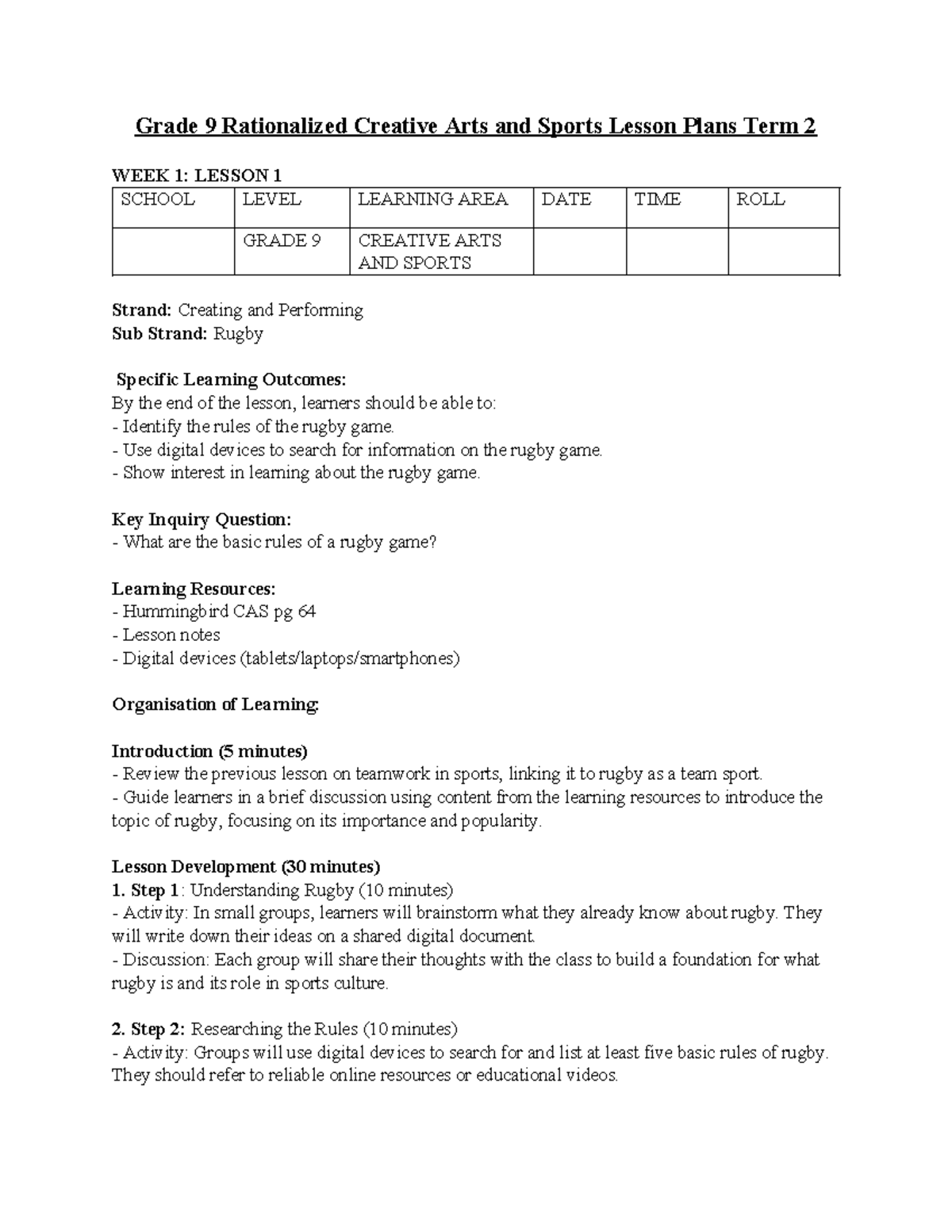 Grade 9 Creative Arts & Sports Lesson Plans: Rug Skills Development ...
