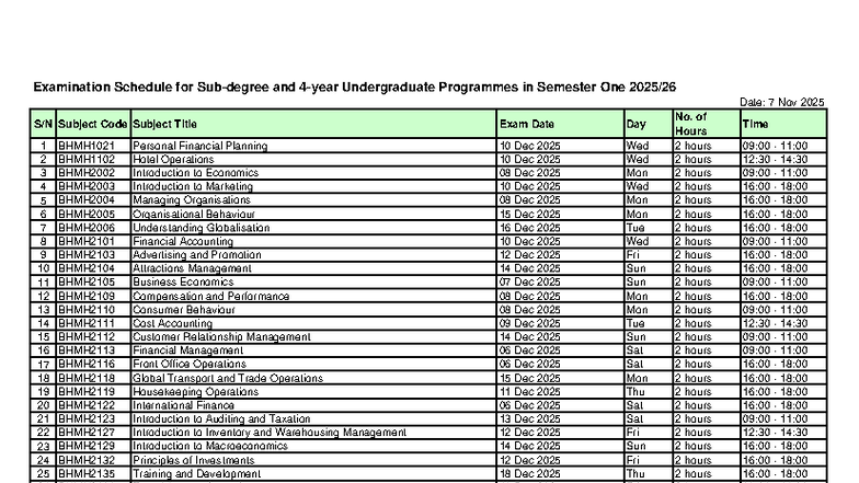 Exam Timetable for UG Programmes - Semester 1 (Nov 2025) - Studocu