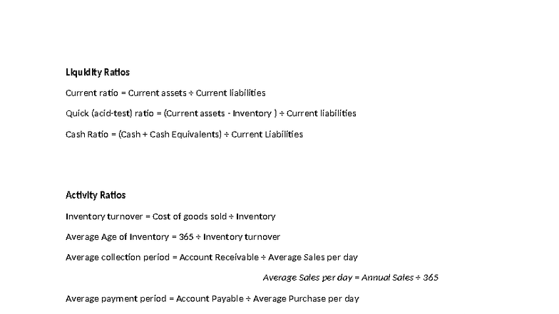 Comprehensive Financial Analysis: Liquidity & Activity Ratios - Studocu