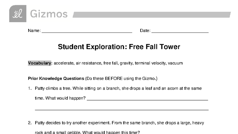 Free Fall Tower SE: Exploring Gravity & Air Resistance - Studocu
