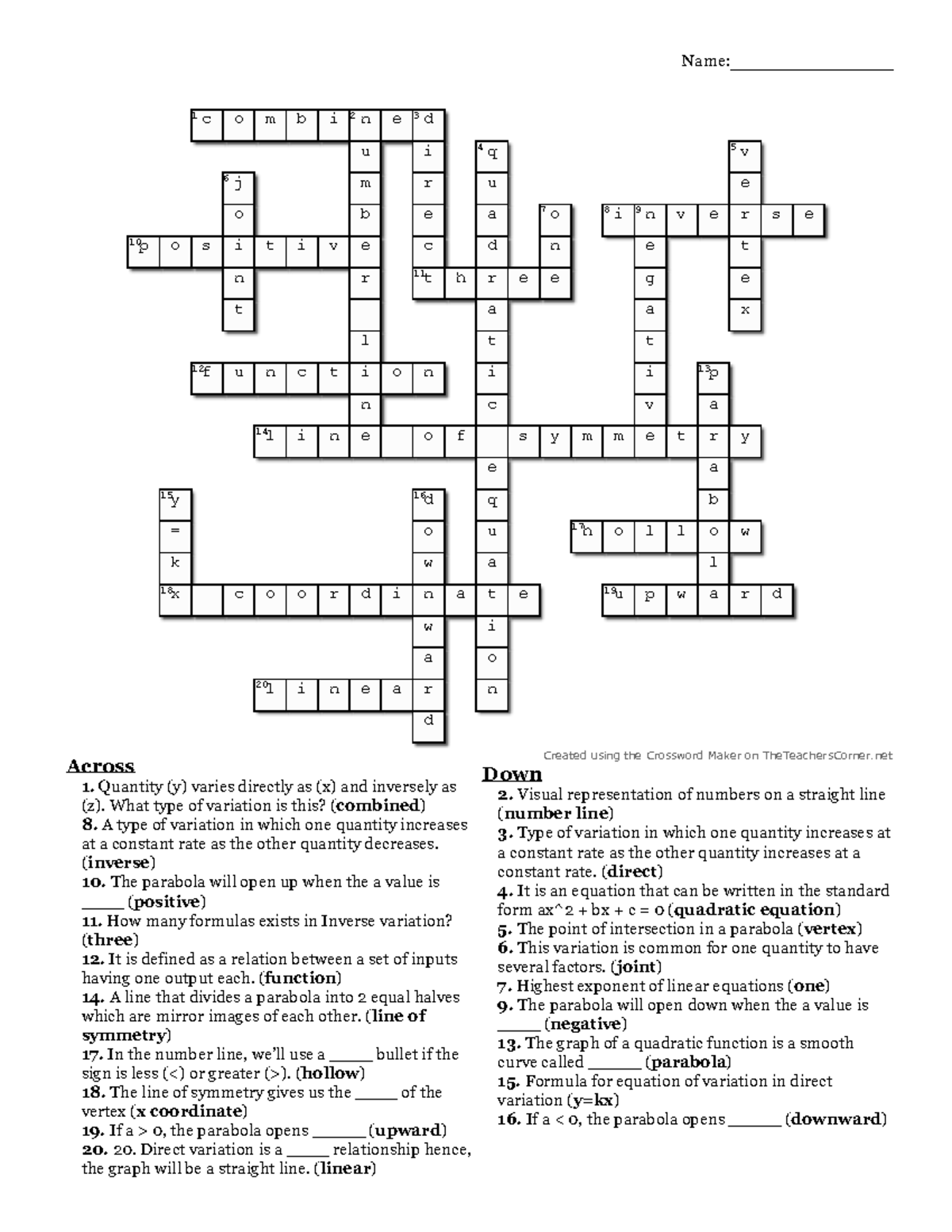 Crossword Puzzle on Variations and Quadratic Functions (MATH 101) - Studocu