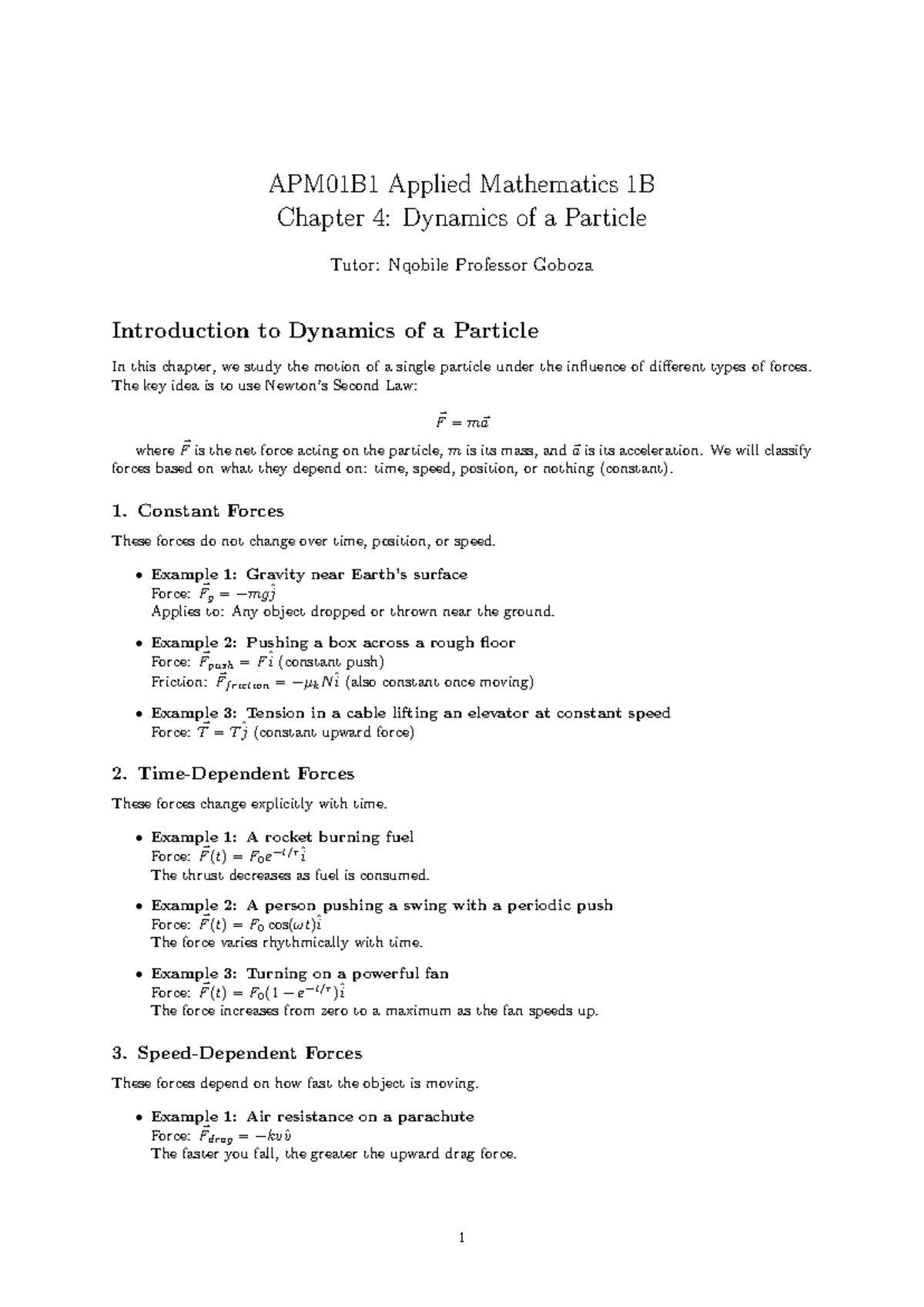 APM01B1 Applied Mathematics 1B Chapter 4: Dynamics Practice Problems - Studocu