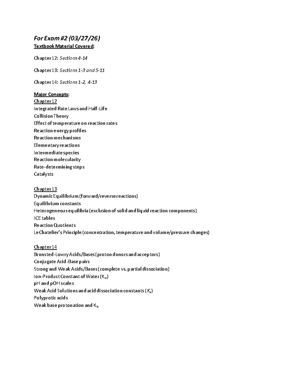 Chemistry Exam #2 Review: Chapters 12-14 Concepts - Studocu
