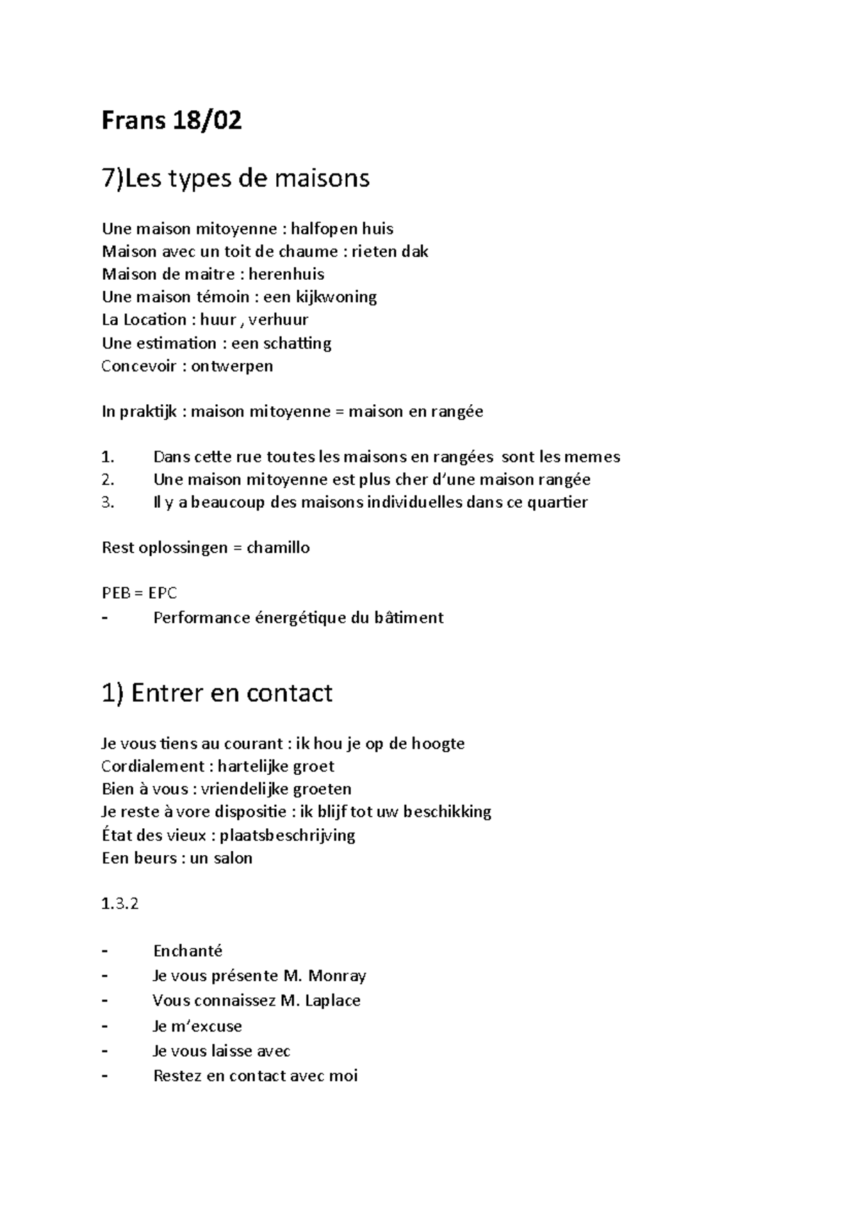 Frans 18/02 - Notes sur les types de maisons et communication - Studocu