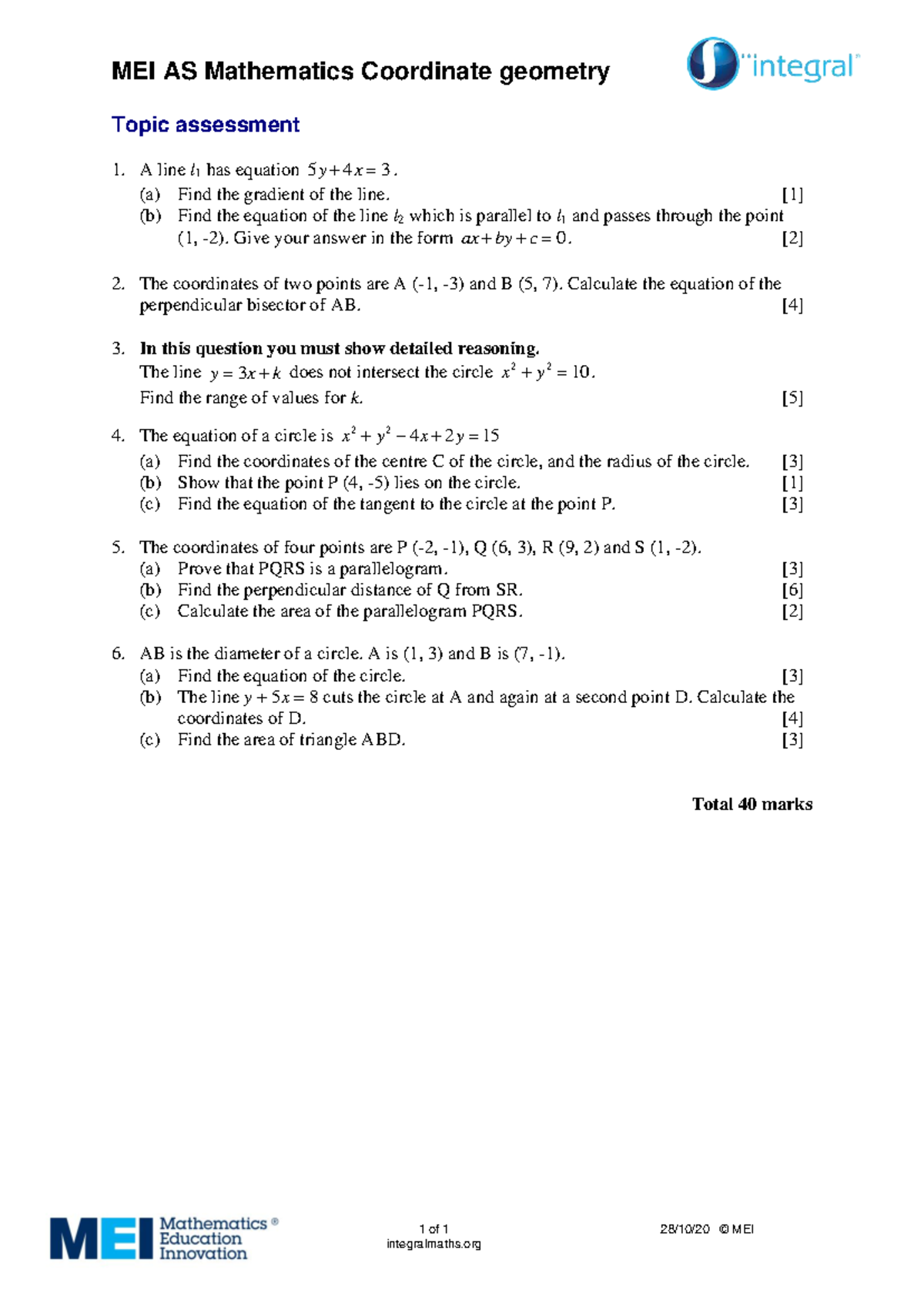 MEI AS Mathematics Coordinate Geometry Topic Assessment Test - Studocu