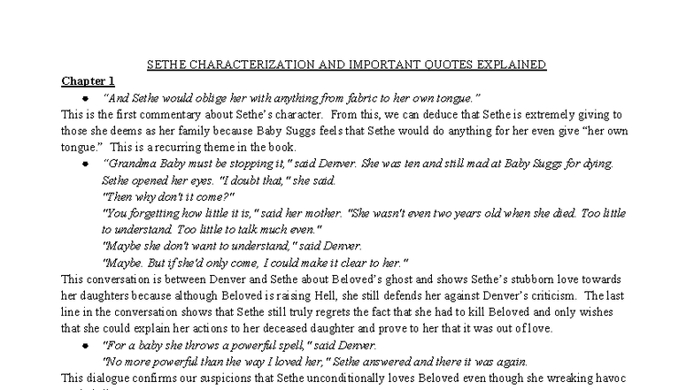 SETHE CHARACTERIZATION AND KEY QUOTES ANALYSIS - CHAPTER 1 - Studocu