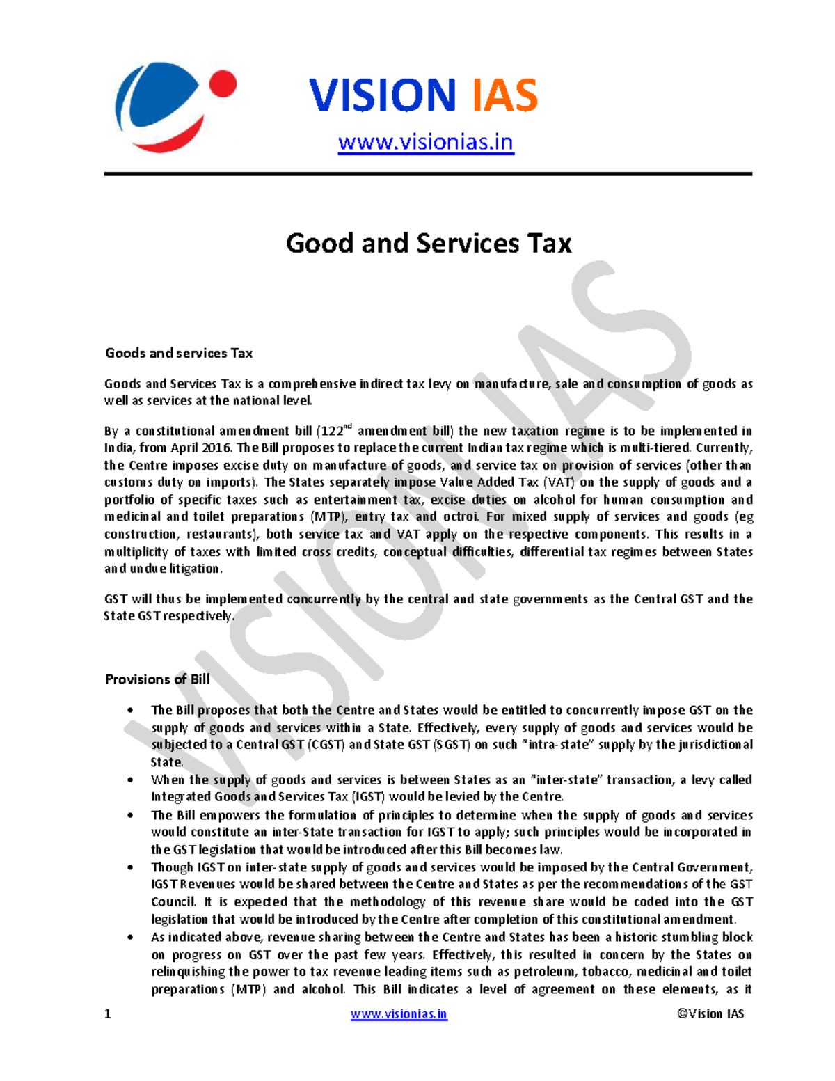 Goods and Services Tax (GST) - Extra Notes for IAS - Studocu