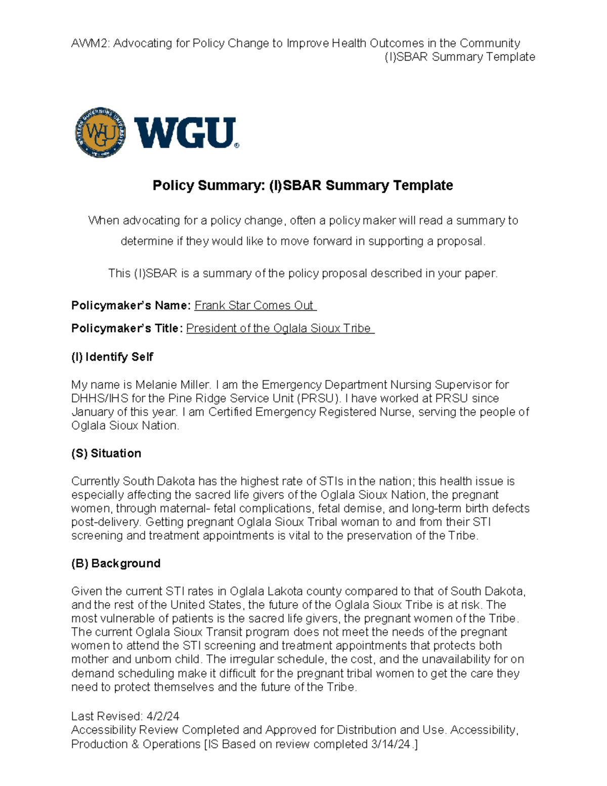 AWM2: (I)SBAR Summary for Policy Change on STI Health Outcomes - Studocu