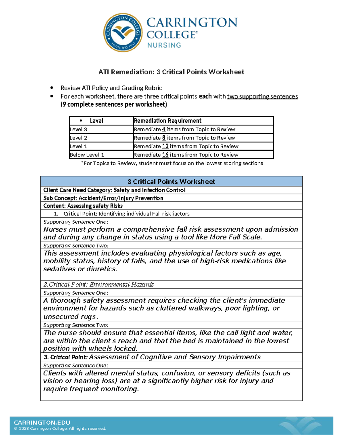 PHAM 4: ATI Remediation Worksheet on Safety & Infection Control - Studocu
