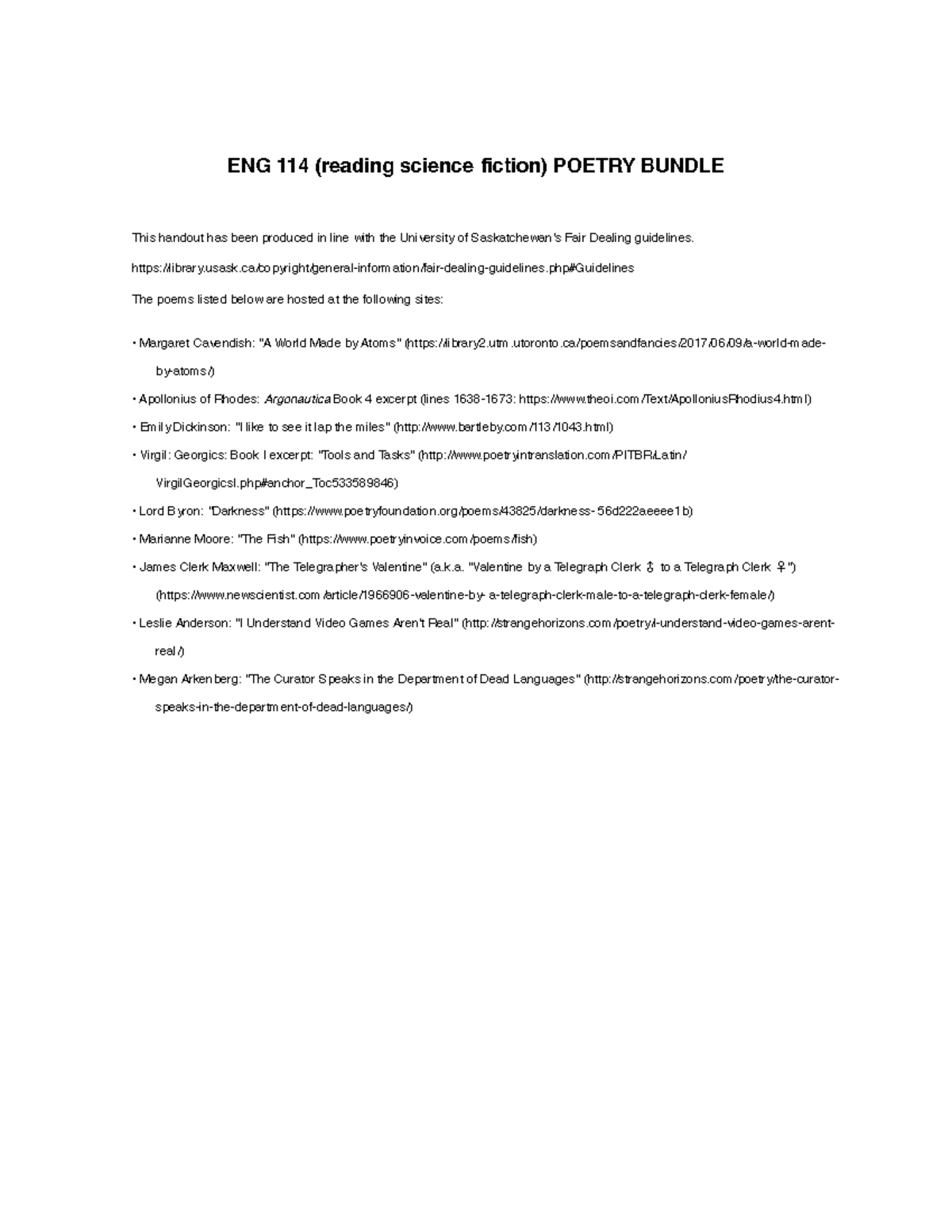 ENG 114 Poetry Bundle - Science Fiction Readings - Studocu