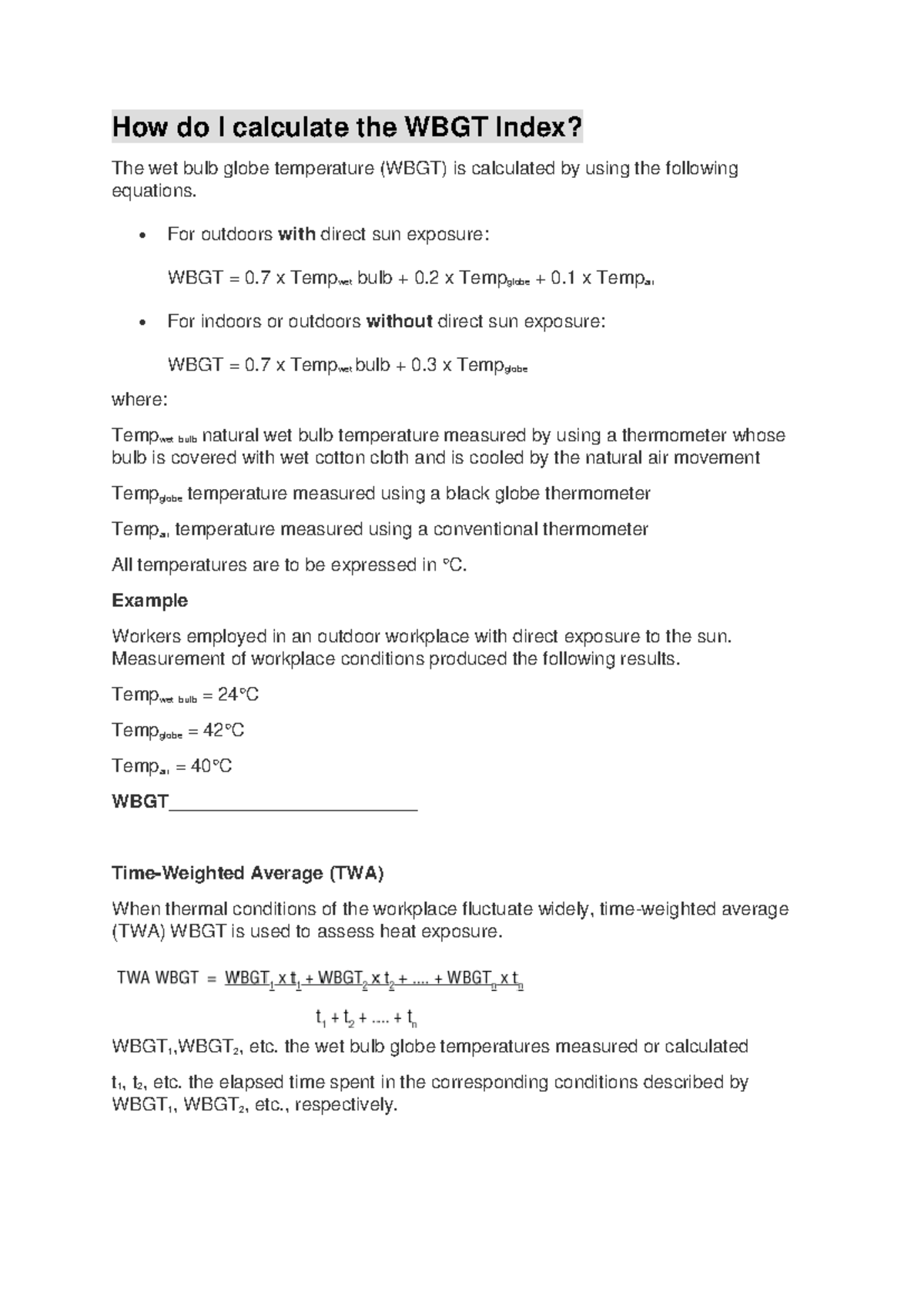 WBGT Index Calculation and TWA Examples: Exercise Notes - Studocu