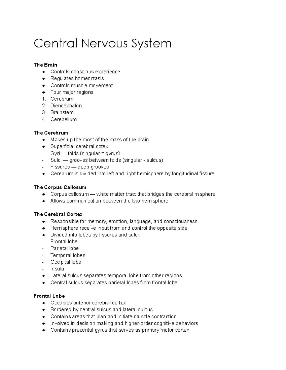 CNS - Central Nervous System Overview and Functions - Studocu