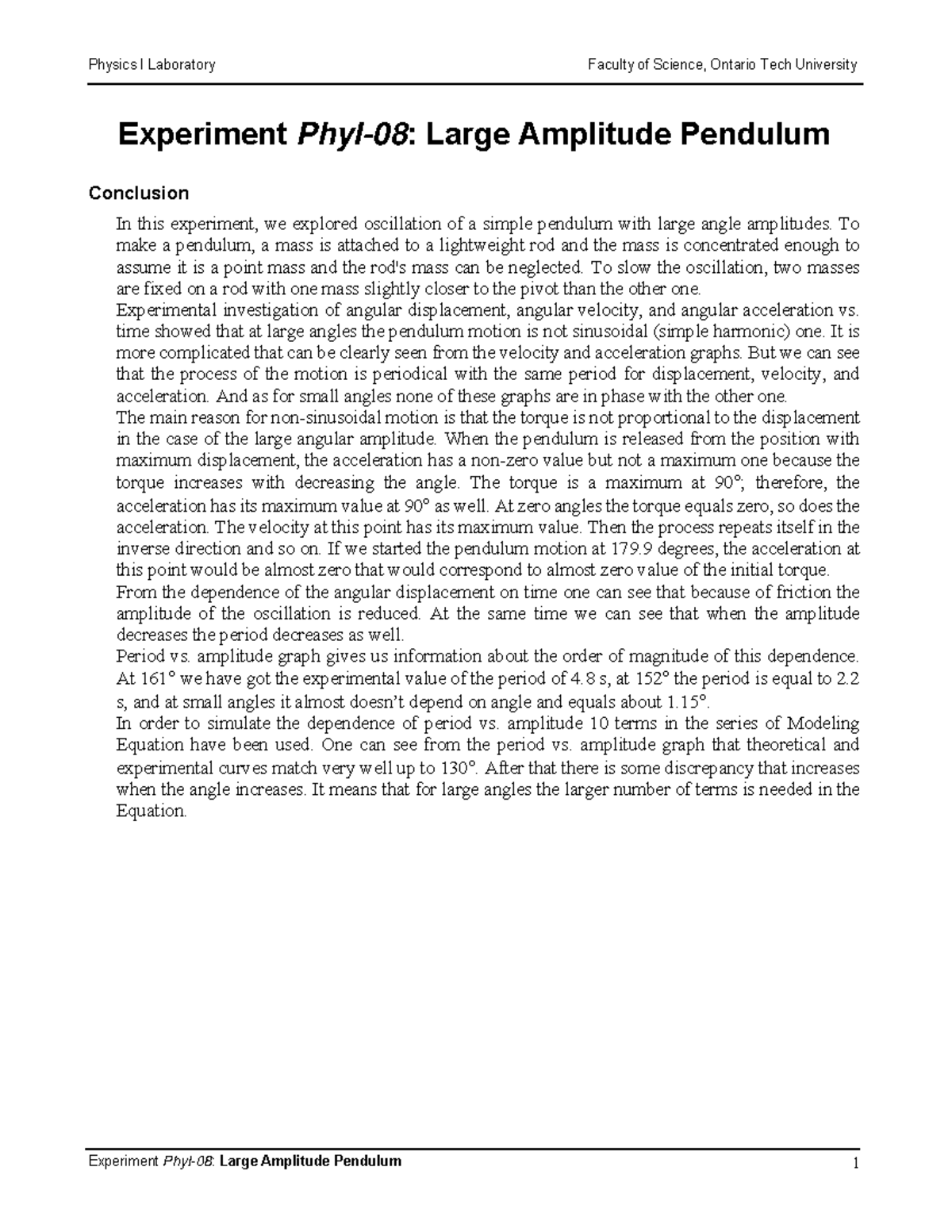 Physics I Lab: PhyI-08 Conclusion on Large Amplitude Pendulum - Studocu