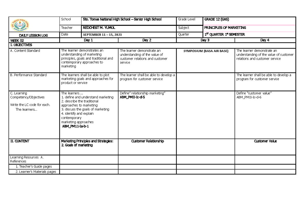 Principles of Marketing Week 3 Lesson Plan - G12 GAS - Studocu