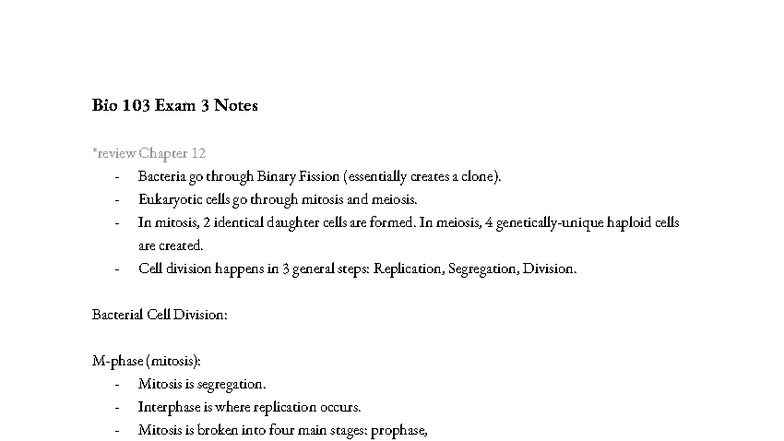 Bio 103 Final Exam Notes: Cell Division & Genetic Inheritance - Studocu