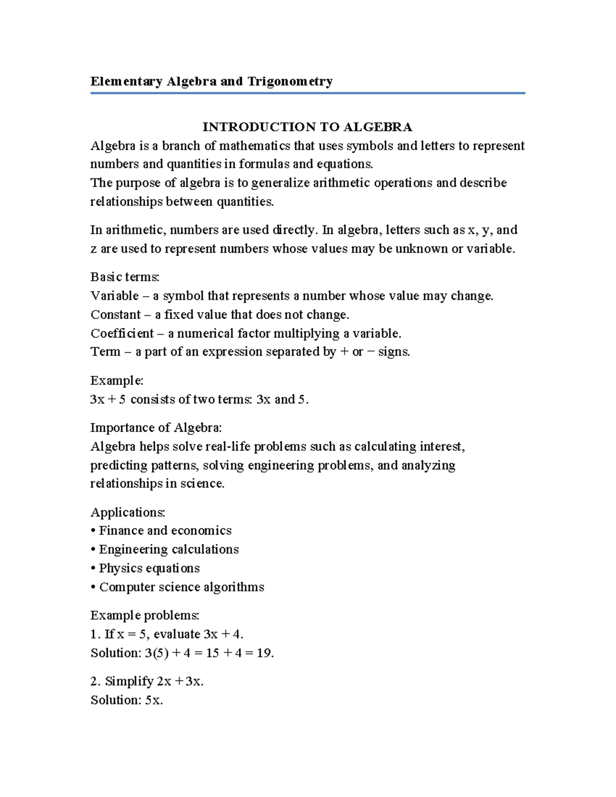 Elementary Algebra and Trigonometry: Lecture Notes Overview - Studocu