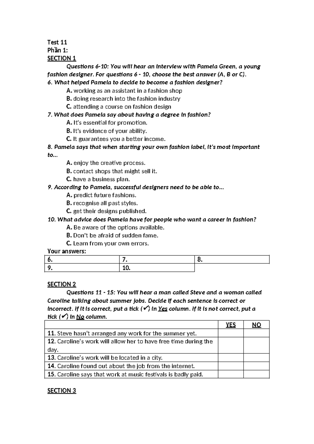 Test 11: Listening Comprehension and Language Skills - Studocu