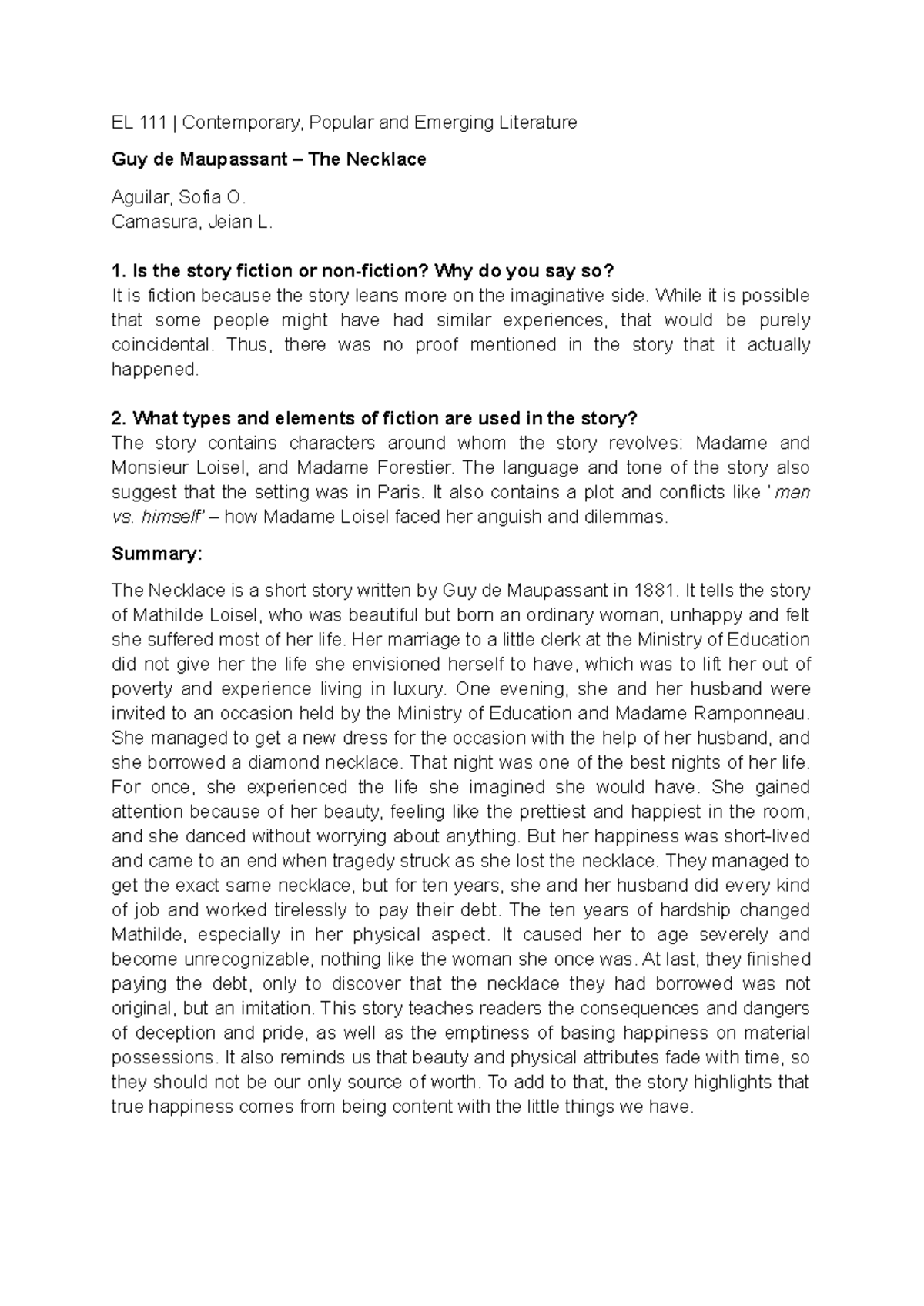 EL Contemporary Literature: Analysis of Guy de Maupassant's "The ...