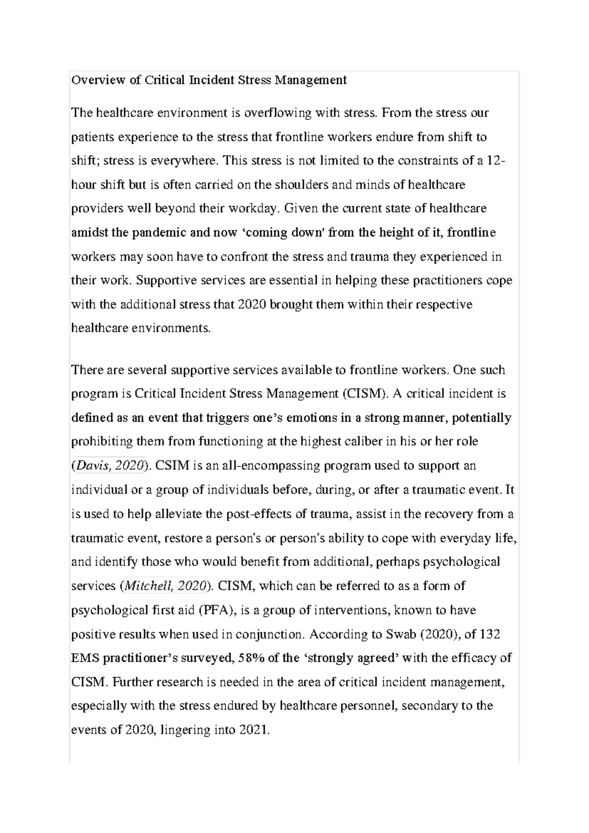 Rapid Model PFA: A Guide to Critical Incident Stress Management - Studocu