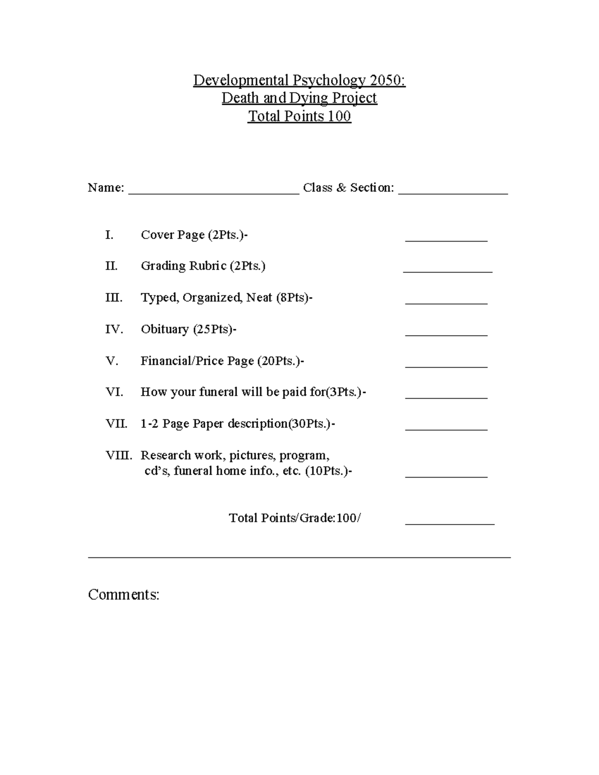 Online Death and Dying Project Rubric - Developmental Psychology 2050 ...