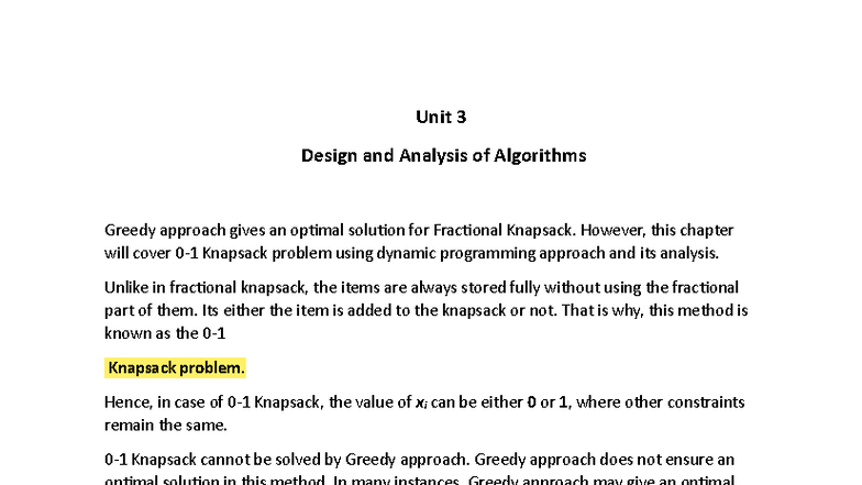 Unit 3: Dynamic Programming Approach to Knapsack Problem (CS101) - Studocu
