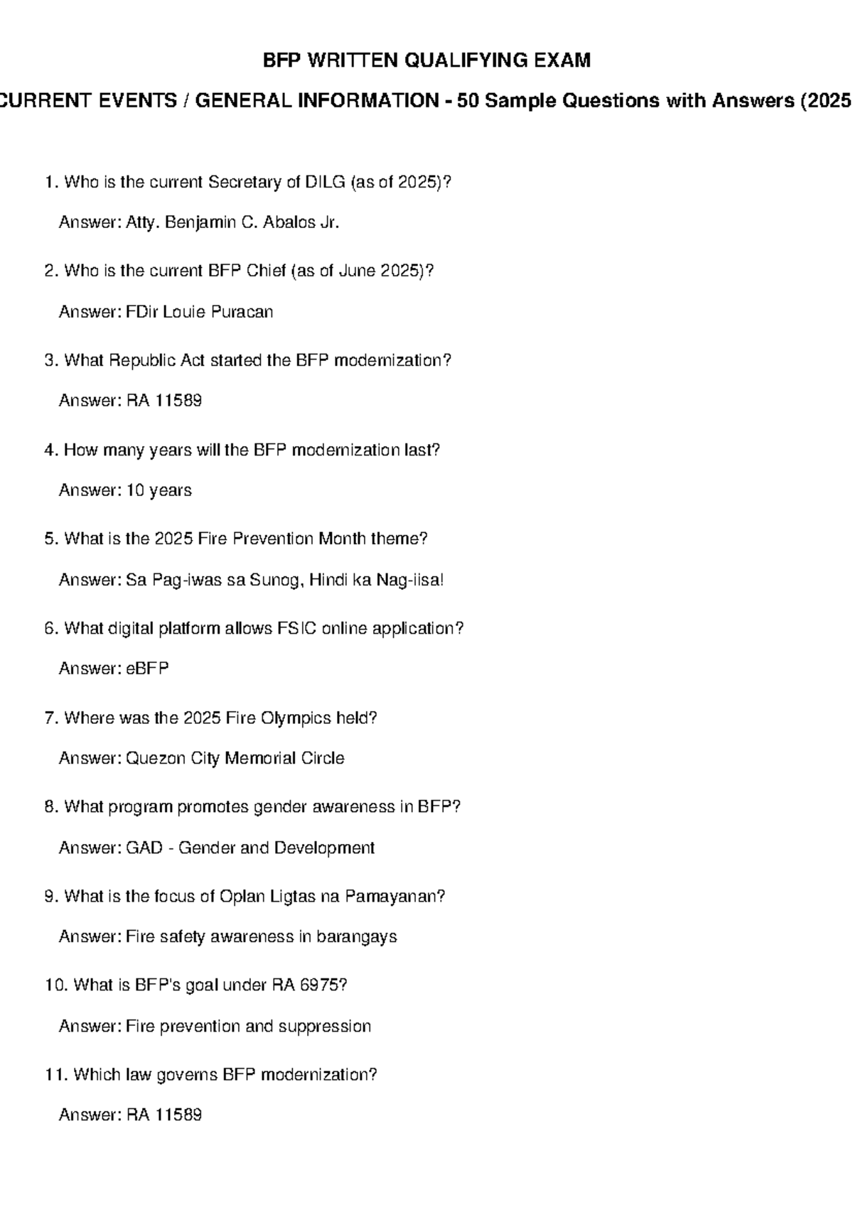BFP WRITTEN QUALIFYING EXAM: Current Events Reviewer (50 Items) - Studocu