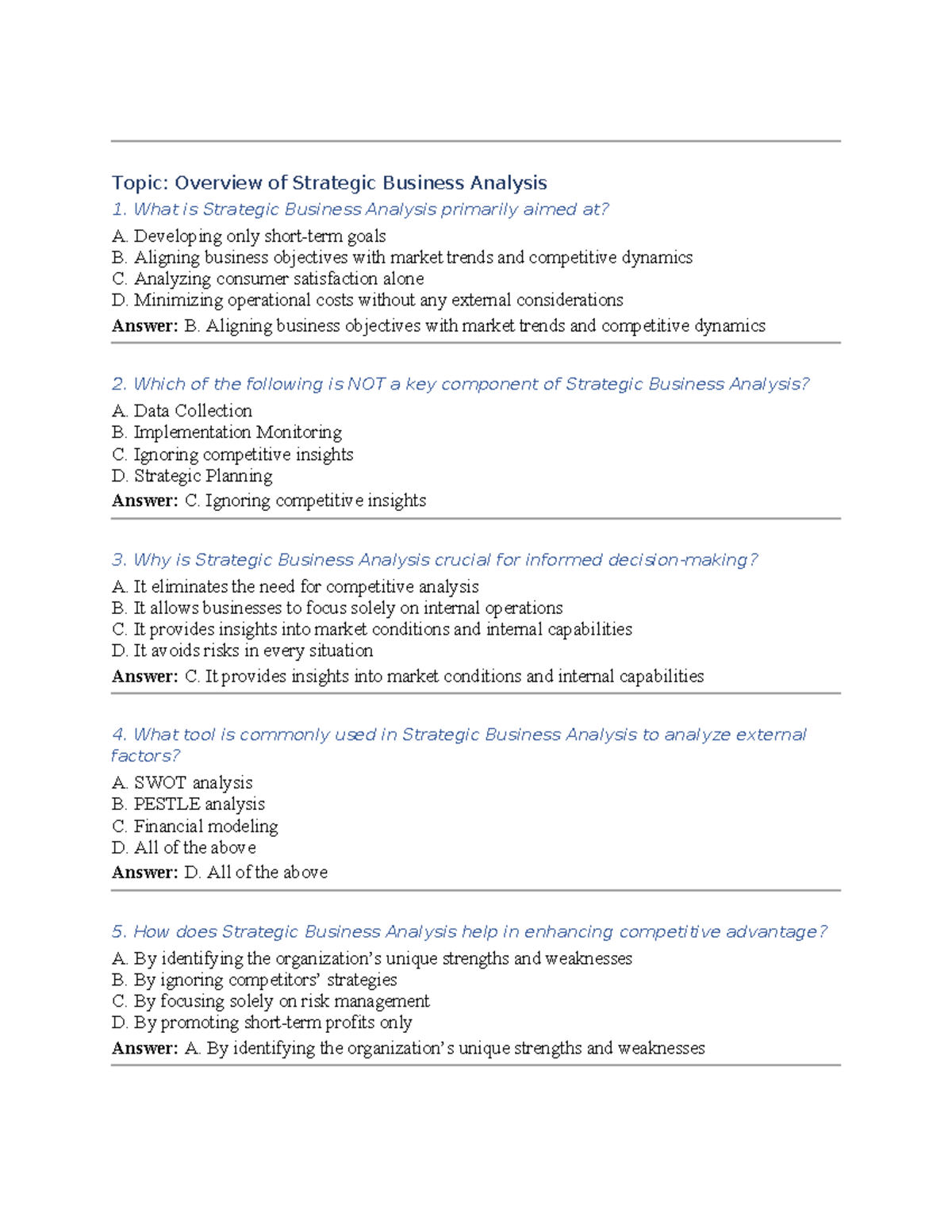 Strategic Business Analysis Test Bank: Key Concepts and Insights - Studocu