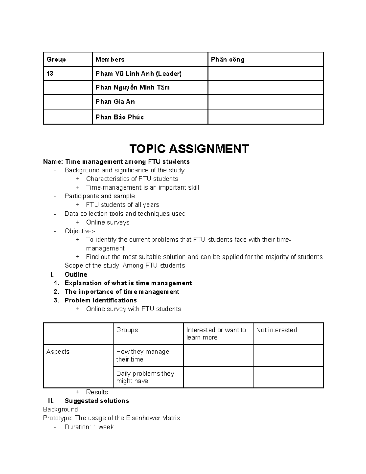 ML266 Group 13 Outline - Time Management Study Among FTU Students - Studocu