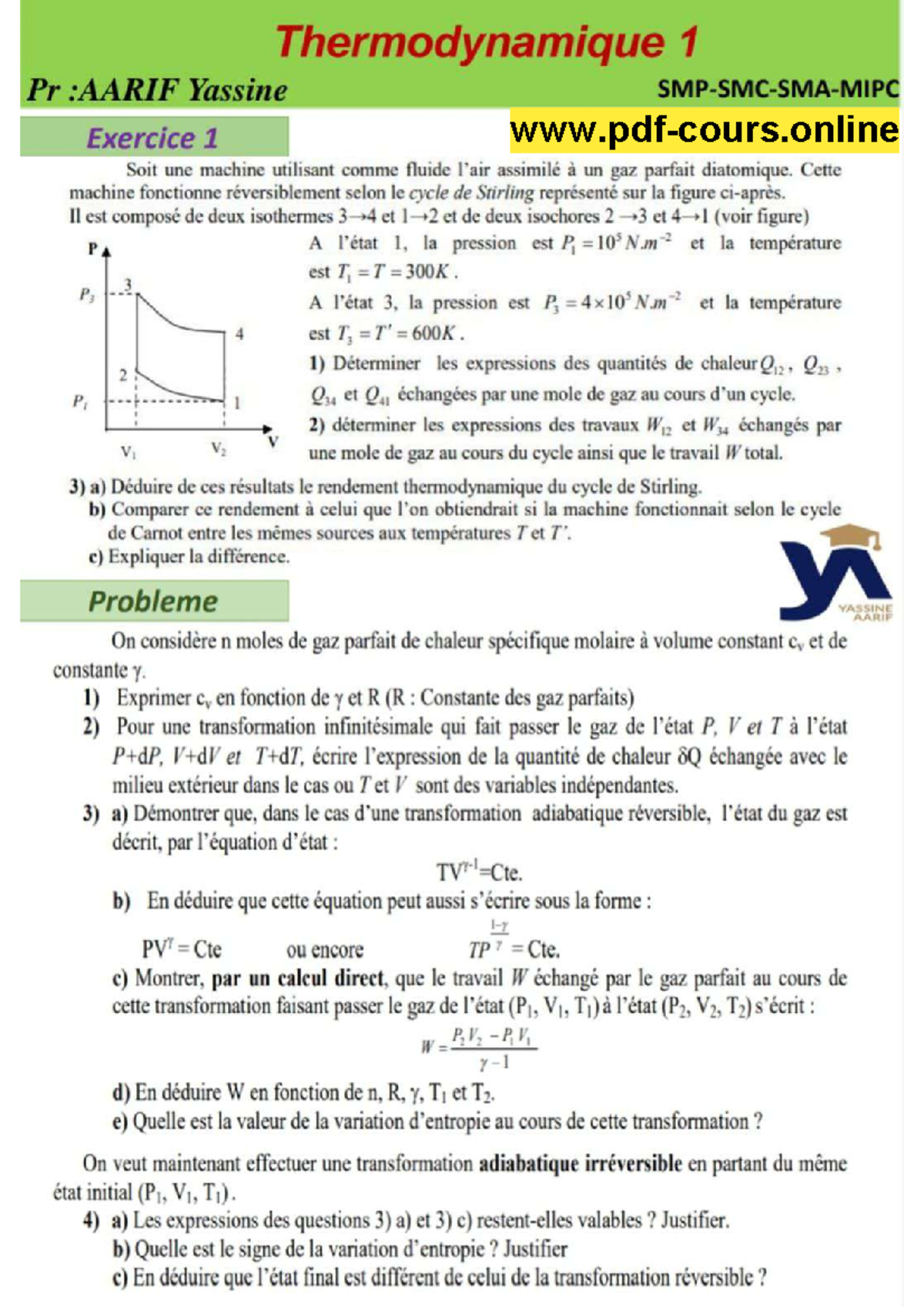 Examen Thermodynamique 1 S1 SMP, SMC, SMI, SMA - thermodynamics - pdf-cours - Studocu