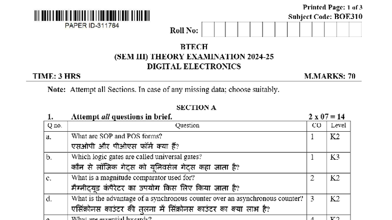 BOE310 Digital Electronics Theory Exam - Previous Year Questions - Studocu