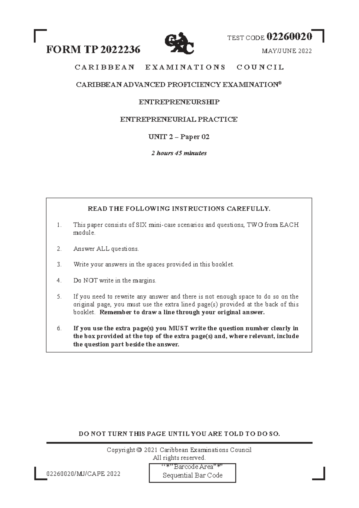 CAPE Entrepreneurship Unit 2 Paper 02 Exam 2022 Guide - Studocu