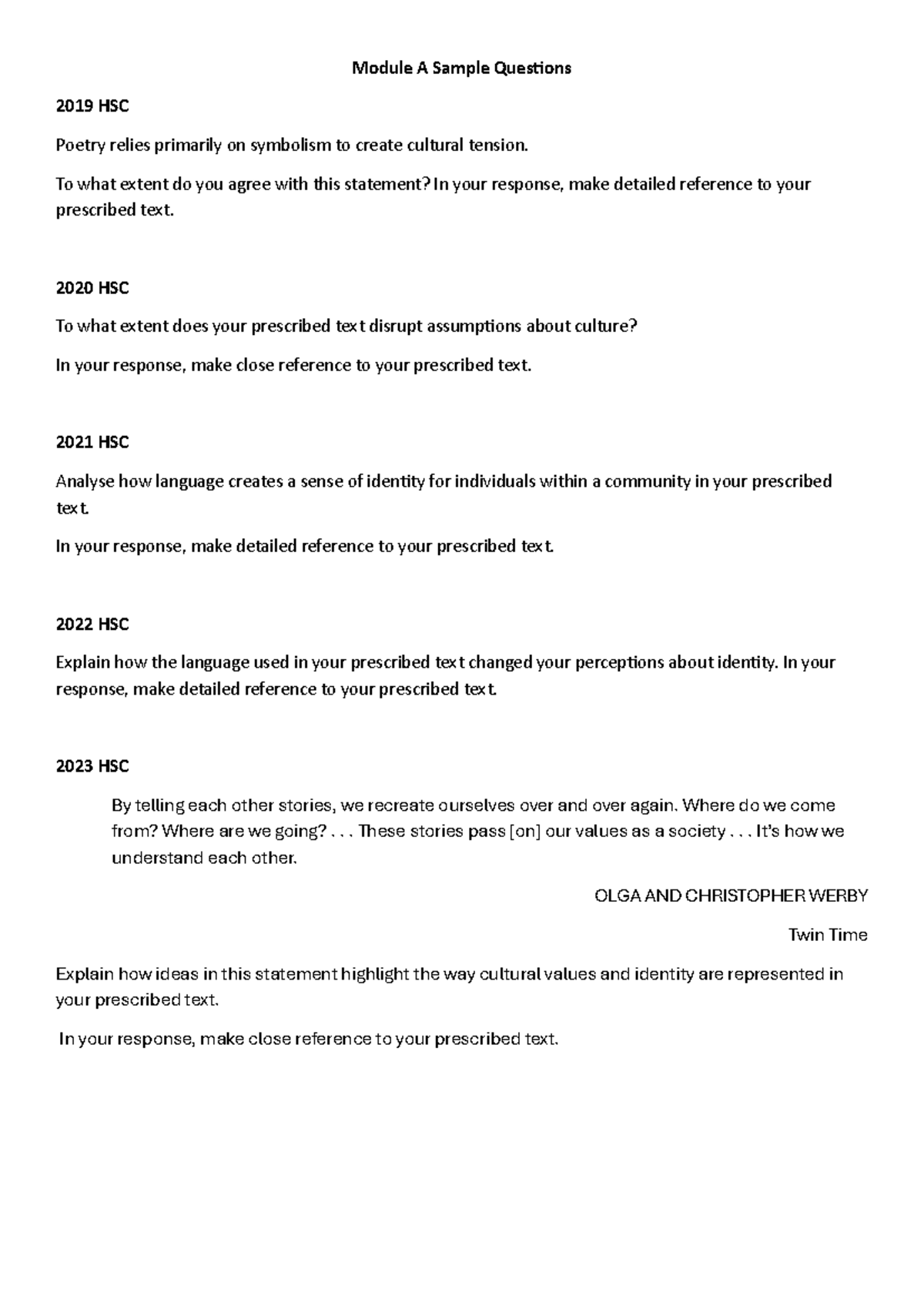 HSC English Module A & B Sample Questions 2019-2023 - Studocu