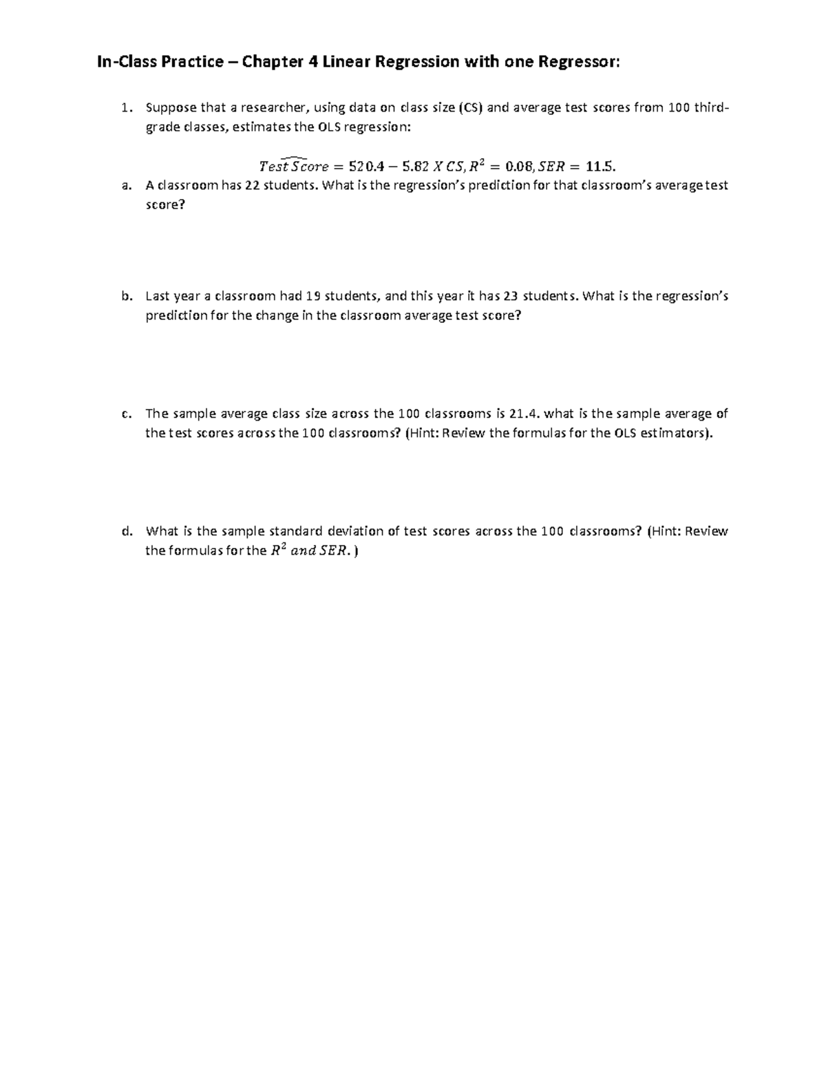 In-Class Practice: Chapter 4 Linear Regression Analysis (Course Code) - Studocu