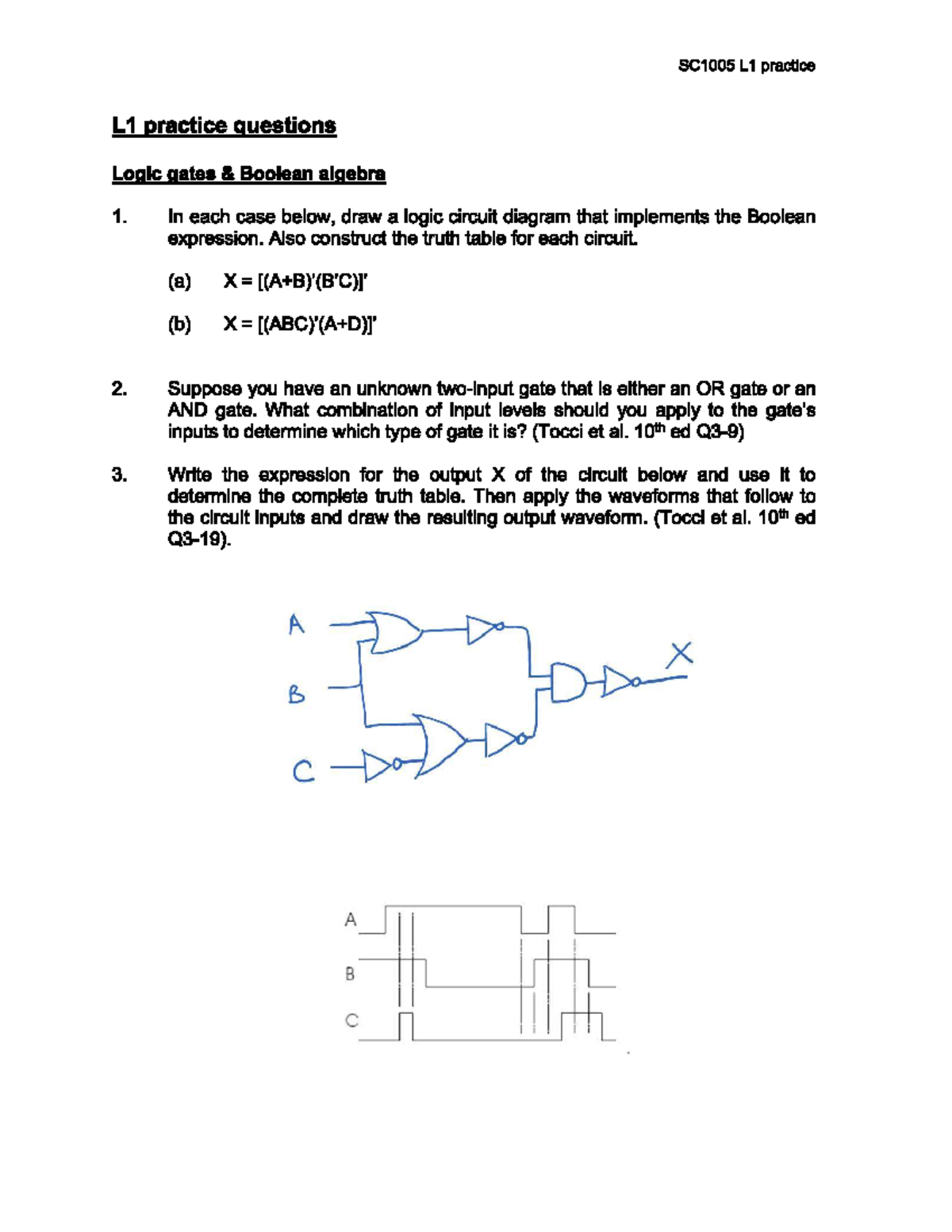 SC1005 L1 Logic Gates & Boolean Algebra Practice Questions - Studocu