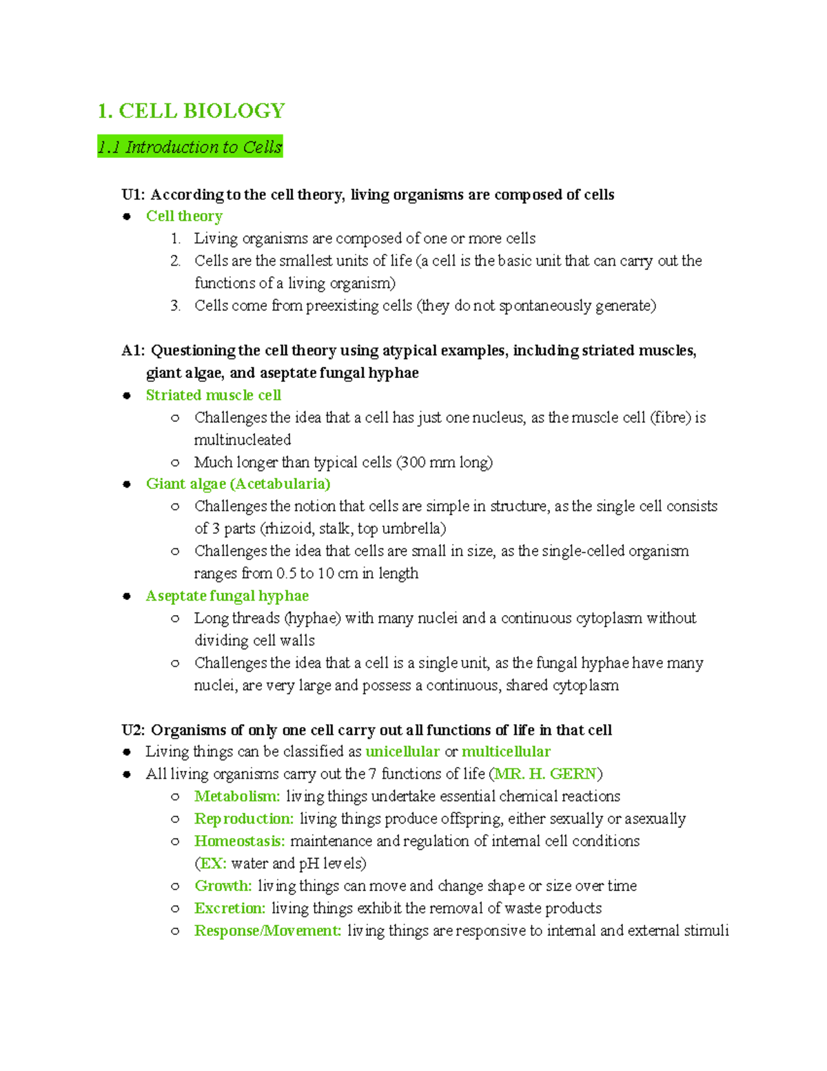 HL Biology Notes: Cell Biology Overview and Key Concepts - Studocu