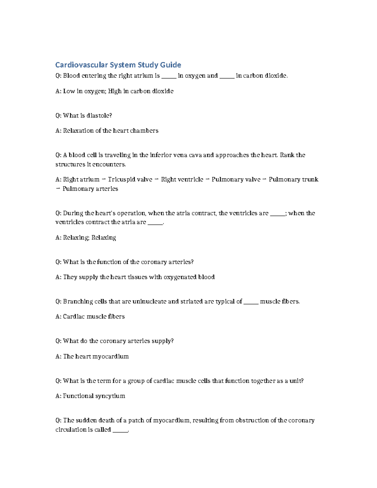 Cardiovascular System Study Guide: Key Concepts and Functions - Studocu