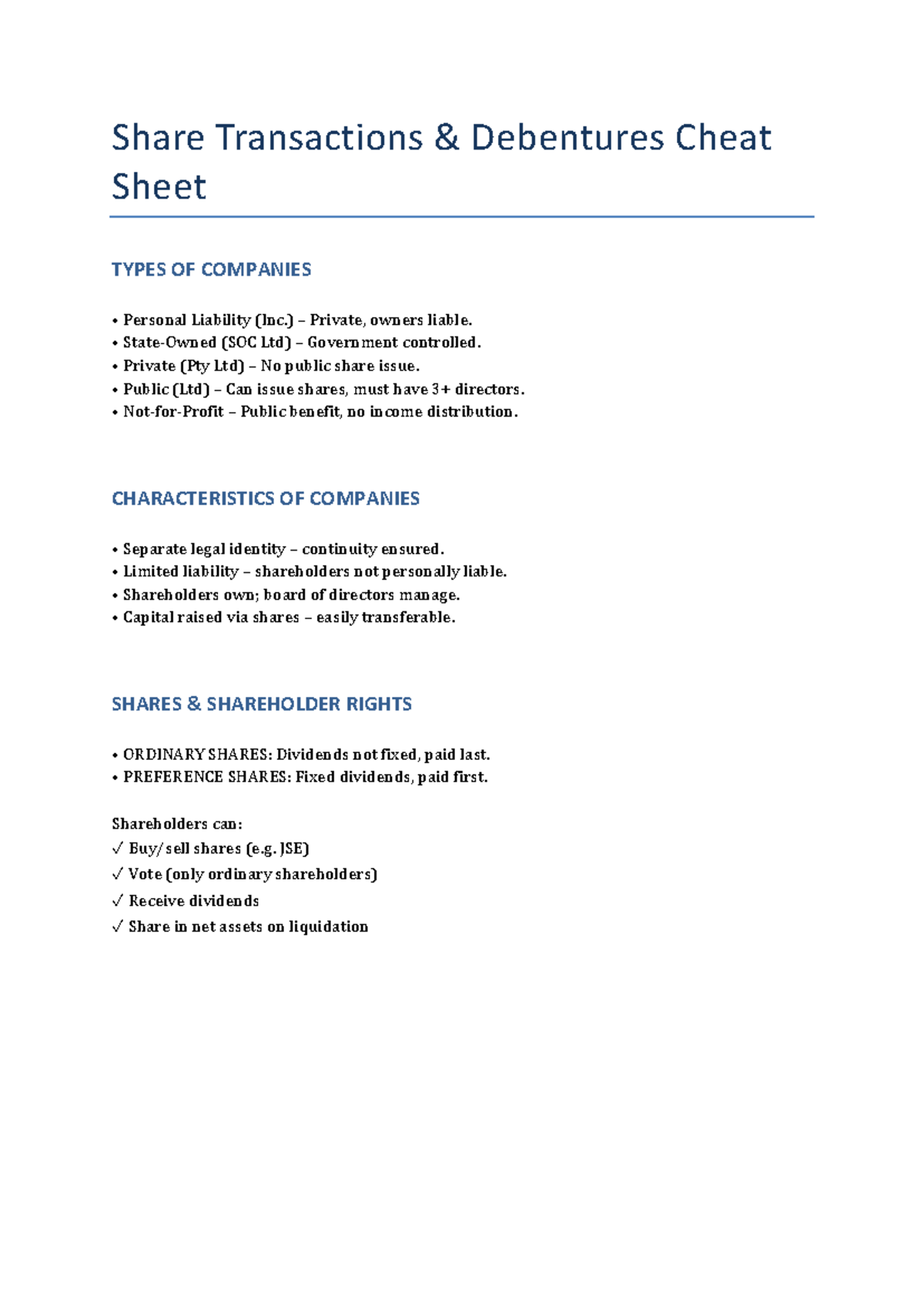 Share Transactions Cheat Sheet: Debentures & Company Types Overview ...