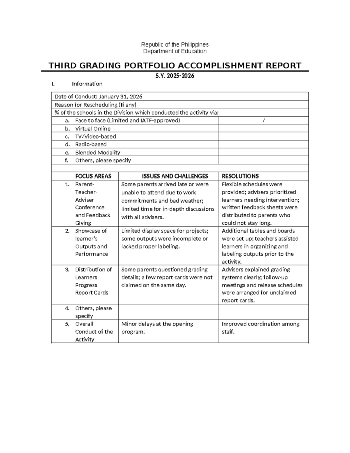 3rd Grading Portfolio Accomplishment Report (S.Y. 2026) - Studocu