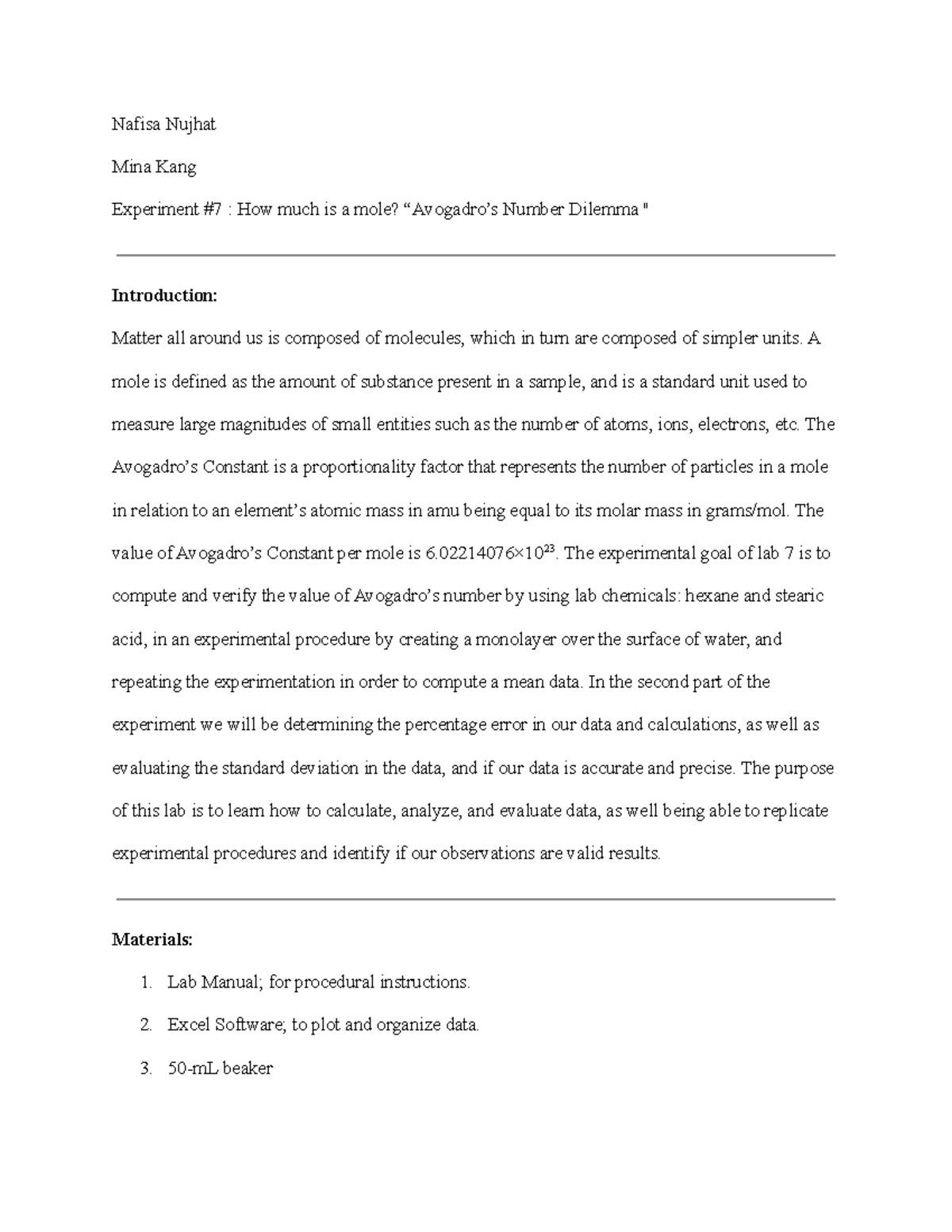 Chem lab 7 - Lab report 7 - Nafisa Nujhat Mina Kang Experiment #7 : How much is a mole ...