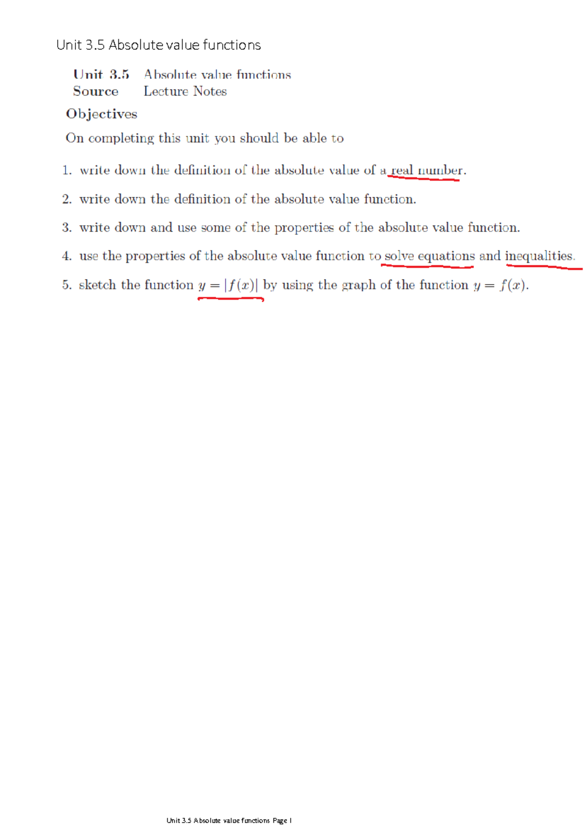 Unit 3.5 Lecture Notes on Absolute Value Functions - Studocu