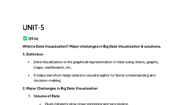 Q5: Data Visualization Challenges & Techniques in Big Data Analytics - Studocu