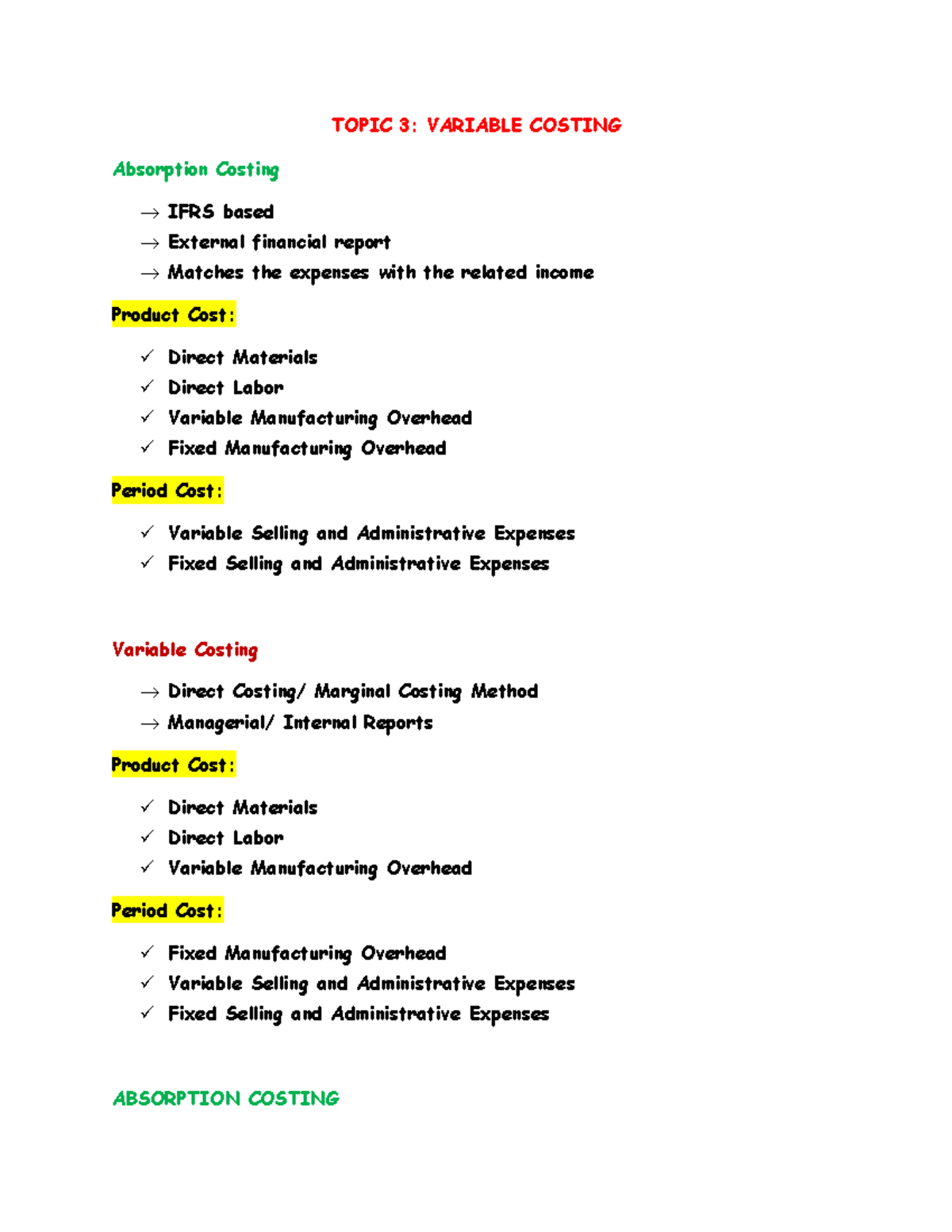 SCM-QUIZ 2 - lecture notes - TOPIC 3: VARIABLE COSTING Absorption ...