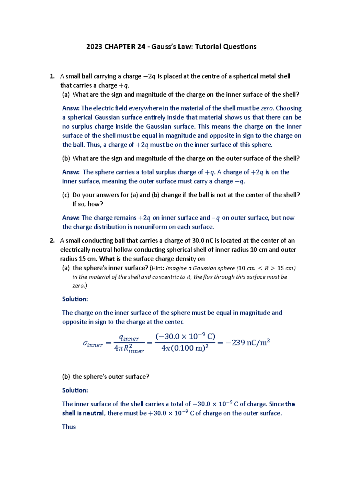 PHYS1032-1033 CHAPTER 24 Tutorial Questions and Solutions - Studocu