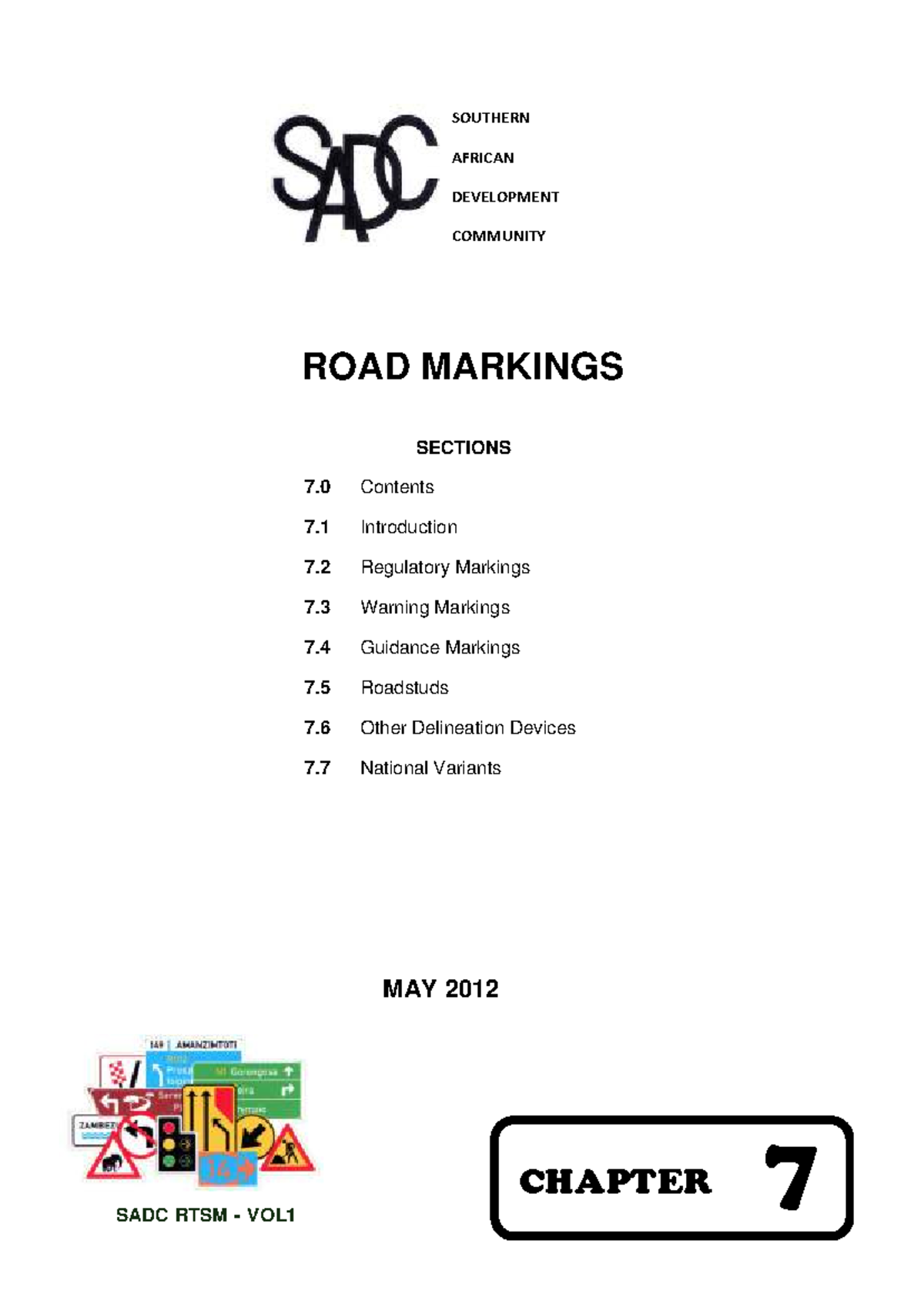 SADC RTSM Vol 1: Road Markings Guidelines Chapter 7 - Studocu