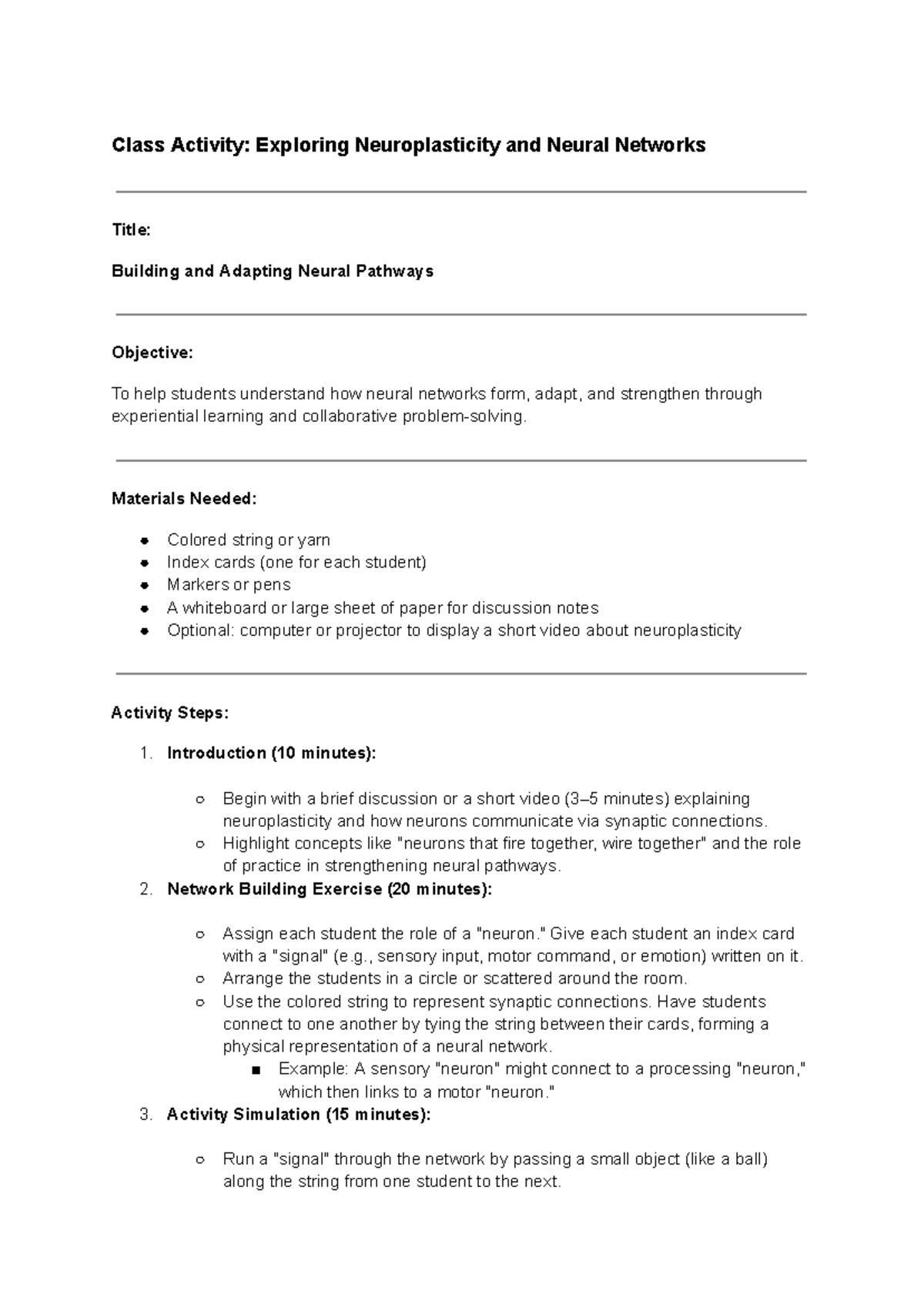 Class Activity: Understanding Neuroplasticity & Neural Networks - Studocu