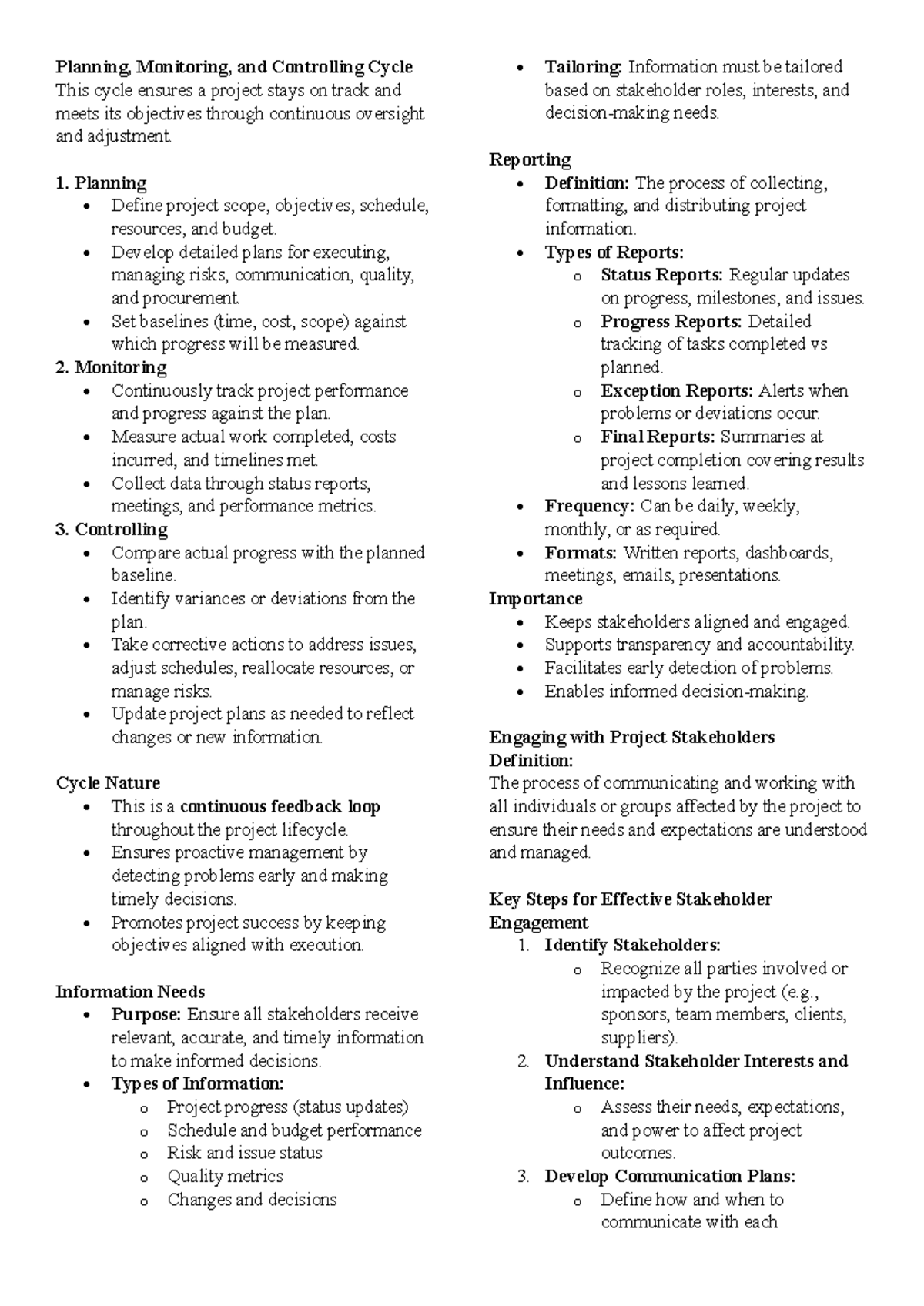 PM MOD 05 Notes: Planning, Monitoring, and Controlling Cycle in ...